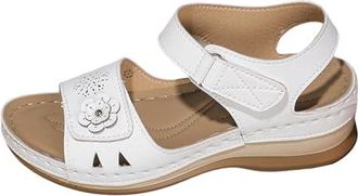 Generic Sandales plates en cuir pour femme - Sandales décontractées à lanières - Talon compensé bas - Sangle Velcro - Bride arrière - Semelle intérieure en cu