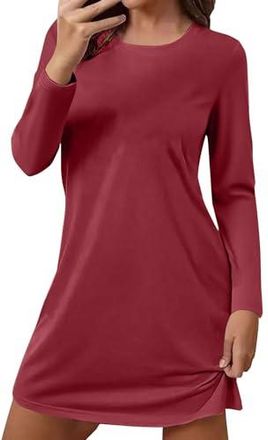 Generic Chemise de nuit en coton &agrave; manches longues pour femme, chemise de nuit courte en coton &agrave; col rond, v&ecirc;tements de nuit amples confortables, v&ecirc;tements de