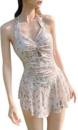 Generic Bikini Femme 1 Pieces Short à imprimé Floral et à Bretelles Dos Slim Hot Spring (White, One Size)