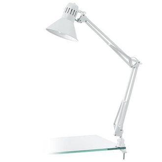 Eglo Lampe de bureau &agrave; pince Firmo, lampe de table de chevet vintage, industrielle, r&eacute;tro, luminaire en acier et plastique blanc brillant avec interrupteur