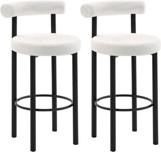 HOMCOM Lot de 2 tabourets de bar - HOMCOM - dossier incurv&eacute; - repose-pieds - tissu bouclette et m&eacute;tal - 50x52,5x98cm - blanc