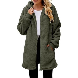 Generic Veste polaire en peluche pour femme avec fermeture éclair intégrale, couleur unie, veste à capuche mi-longue pour femme, vêtement dextérieur en peluch