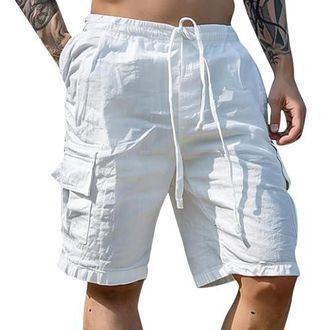 Generic Short dentra&icirc;nement d&eacute;contract&eacute; et tendance en coton et lin de couleur unie pour homme, coupe droite, blanc, XXL