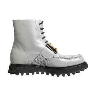 Dolce & Gabbana Homme, Chaussures, Gris, Taille: 45 EU Bottines &agrave; Lacets avec Plaque Logo en Cuir