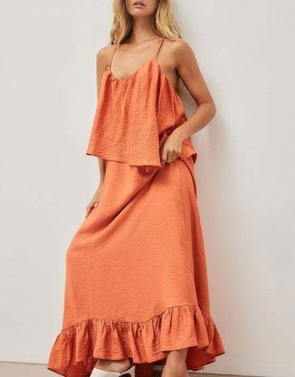 NA-KD robe midi &agrave; col V avec bretelles volumineuses, p&ecirc;che-Orange
