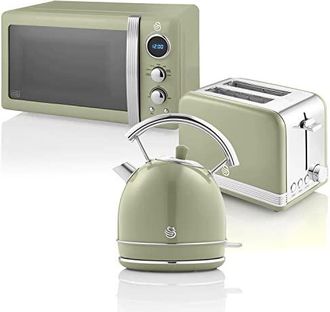 SWAN Retro Frühstücks-Set 1,8 L Wasserkocher, 2 Scheiben Breitschlitz-Brottoaster, 20L Digital-Mikrowelle, 6 Leistungsstufen, Timer, Spiegeltür, Vintage De