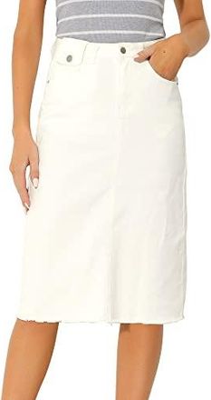 Allegra K Jupe en Jean Femmes Mi-Longue Taille Haute Jupe Droite en Denim Vintage Décontractée Blanc 3XL