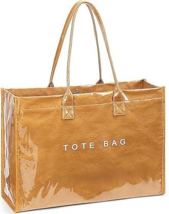 Generic Sac &agrave; main en PVC pour femme - Grand sac en plastique - Sac &agrave; bandouli&egrave;re avec motif de lettres en papier kraft, marron, 480.00x260.00x220.00mm/18.9x1