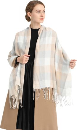 Miss Lulu Damen Schal Winter, weich warm kariert Oversized, Schottenkaro Wolle, lange gedrehte Fransen Stola, Deckenschal f&uuml;r Damen (Beige)