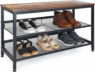 Relaxdays Schuhregal Industrial, 2 Gitterablagen, HBT: 45 x 80 x 30 cm, Schuhst&auml;nder, Ablage in Holzoptik, schwarz/braun