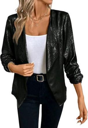 Generic Blazer pour Femme - Veste Blazer Scintillante pour Femme Cardigan Ouvert sur Le Devant Manches 3/4 Fronc&eacute;es Col &Agrave; Revers Veste De Tailleur &Eacute;l&eacute;gante Et