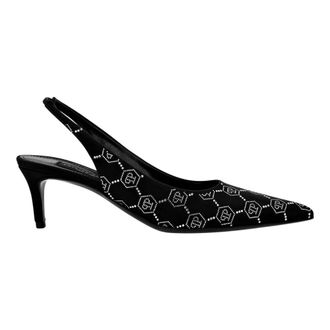 Philipp Plein Femme, Chaussures, Noir, Taille: 38 EU Escarpins Slingback Bas Talons en Satin Monogramme Strass