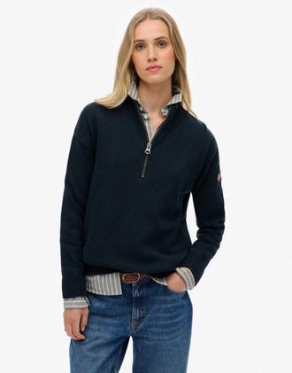 Superdry L&auml;ssig geschnittener Strickpullover in Eclipse Navy mit kurzem Rei&szlig;verschluss-Marineblau