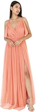 Anaya with Love Ladies Women Dress Maxi Short Sleeve Cami V Neckline Long Length Empire Waist Bridesmaid Wedding Guest Prom Robe, Coral Pink, 44 Femme