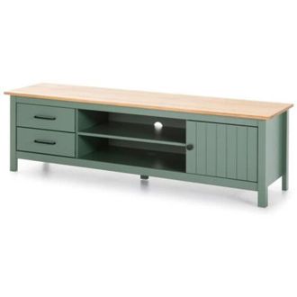 Les Tendances Meuble TV en bois massif 1 porte 2 tiroirs pin vert et miranda 158x40x47H
