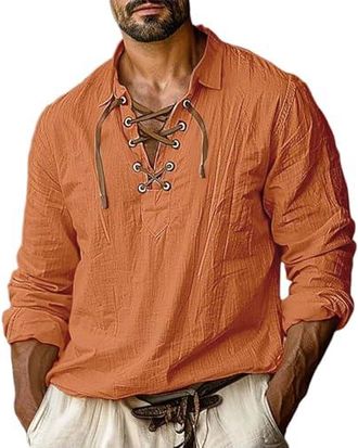 Generic Chemise en lin &agrave; manches longues pour homme - Coupe ajust&eacute;e - Blanc - Chemise de plage blanche - Haut &agrave; manches longues - Hauts minces - Sweatshirts e