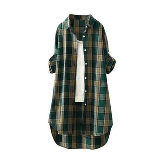 Generic Chemisier &agrave; carreaux pour femme long : chemise en lin pour femme boutonn&eacute;e chemise d&eacute;contract&eacute;e en lin chemisier long ample chemisier grande taille ha