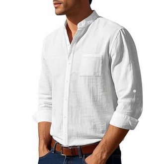 Generic Chemises blanches en lin pour hommes, coupe ajust&eacute;e, chemise habill&eacute;e en coton et lin, chemises &agrave; manches longues pour homme, chemise de plage d&eacute;t&eacute; &agrave; 