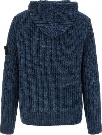 Stone Island Chenille-Cotton Ribbed Hoodie - Navy