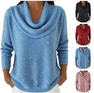 Generic Pull doux et &eacute;l&eacute;gant &agrave; col volant&eacute; de couleur unie pour femme, pull &agrave; manches longues et col b&eacute;nitier, Paillettes bleues., XXL
