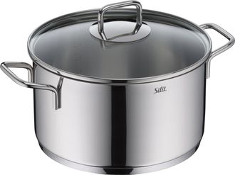 Silit Extra Cook, Kochtopf 24 cm mit Glasdeckel, Innenskalierung, breiter Schüttrand, hochwertiger spülmaschinenfester Crominox-Edelstahl, Bratentopf groß, 