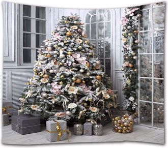 A.Monamour Wandteppiche Weihnachtsdekorkästen Unter Kiefer Mit Kugeln Bänder Ornamente 3D Print Textil Stoff Wandbehang Tapisserie Vorhänge Tischdecke Bettdecke 