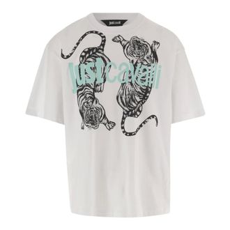 Just Cavalli Homme, Tops, Blanc, Taille: M T-shirt en coton avec imprim&eacute;