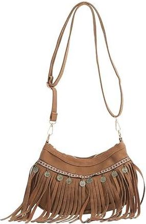 Generic Sac fourre-tout trapézoïdal avec bandoulière décontractée à pompons pour femme fille rendez-vous quotidien voyage, marron, 9.84x7.48x1.97inch