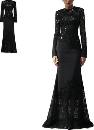 Generic Robe de soir&eacute;e &eacute;l&eacute;gante pour femme, col rond, brod&eacute;e, coupe ajust&eacute;e, style sir&egrave;ne, robe moulante, Noir, XL