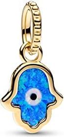 Pandora Pandora Moments Charm pendant Main de Fatma en métal plaqué or 14 carats avec opale bleu foncé et blanche créée en laboratoire et composite synthétiqu