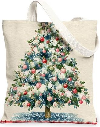 Generic Sacs fourre-tout festifs en toile, motif arbre vintage, sacs d&eacute;picerie r&eacute;utilisables, l&eacute;gers et lavables avec bandouli&egrave;re en toile pour Shoppi, cr&egrave;me,