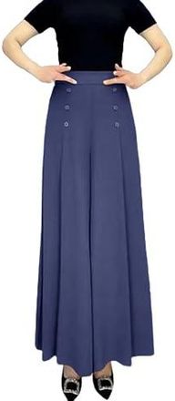 Generic Pantalon long élégant taille haute à double boutonnage pour femme - Coupe ample - Plissé fluide, bleu marine, XXXXL