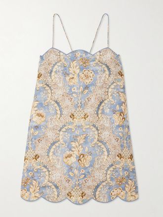 Zimmermann Daylight Minikleid Aus Bedrucktem Leinen Mit Wellenkanten - Blau