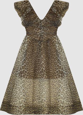 Ganni Robe Printed Textured Organza Ruched Almond Milk