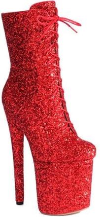 Generic Bottines tendance &agrave; paillettes pour femme avec lacets et fermeture &eacute;clair lat&eacute;rale, bout rond, ultra stiletto, talon haut, chaussures de danse, Rouge,