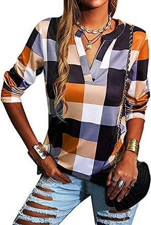 Generic Vestes pour femmes 2026 &agrave; manches longues d&eacute;contract&eacute;es &agrave; carreaux, Orange, 5XL