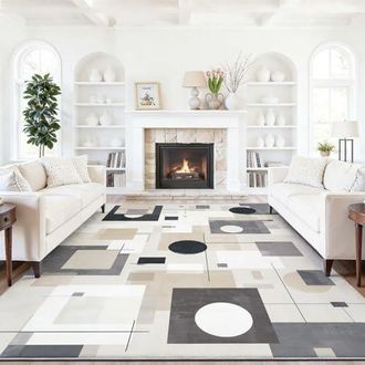 Generic Moderne Antid&eacute;rapant Tapis Gris - Doux R&eacute;sistant Lavable en Machine Tapis &agrave; Motif Moderne G&eacute;om&eacute;trique Cercles Carr&eacute;s Poil Ras Moquette pour Salon Cham