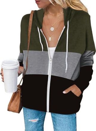 Generic Sweat &agrave; capuche &agrave; manches longues et fermeture &eacute;clair pour femme - Grande taille, Vert/gris, 6XL