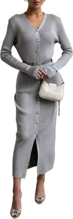 Minetom Robe Pull Femme Hiver Longue Automne Hiver Col V Manches Longues Slim Tricot Dress avec Boutons A Gris Clair XS