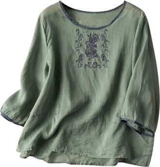 Generic Chemisier boh&egrave;me &agrave; manches 3/4 en lin pour femme - Manches courtes - Motif floral brod&eacute; - Tunique hippie &agrave; volants sur le devant pour femmes &acirc;g&eacute;es - T