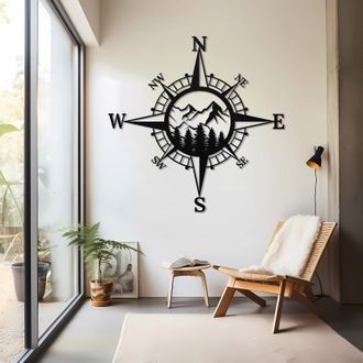 Generic Schwarzes Kompass-Berg-Wandbild aus Metall, maritimes Waldmotiv aus Metall f&uuml;r drinnen und drau&szlig;en, Moderne Skulptur mit Kompass-Bergmotiv f&uuml;r Wohnzim