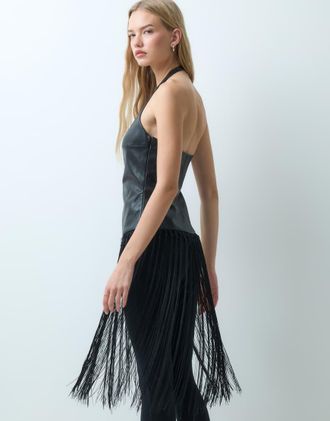 Mango Neckholder-Top aus Kunstleder mit Fransen in Schwarz
