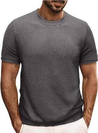 Generic T-shirt tricoté décontracté à manches courtes et col rond texturé pour homme, gris, XXL