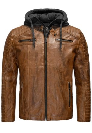 Red Bridge Robuste Lederjacke Kunstleder Bikerjacke mit abnehmbarer Kapuze Braun S