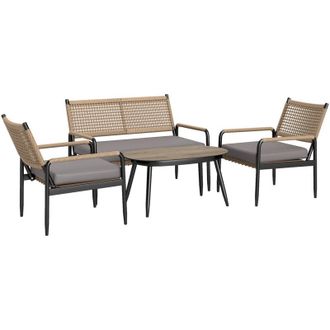 OUTSUNNY Gartenm&ouml;bel Set aus Polyrattan Lounge-Set mit 2er Sofa Sessel Glastisch Kissen wetterfest Sitzgruppe f&uuml;r 4 Personen Outdoor Balkonm&ouml;bel Set