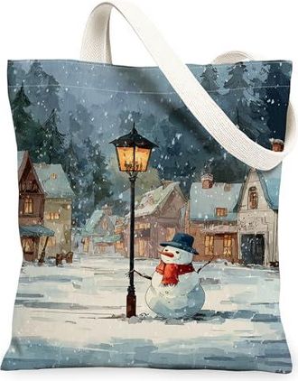 Generic Sacs fourre-tout en toile motif bonhomme de neige dhiver, sc&egrave;ne de village vintage, l&eacute;gers, lavables et r&eacute;utilisables, blanc, 13x15 Inch