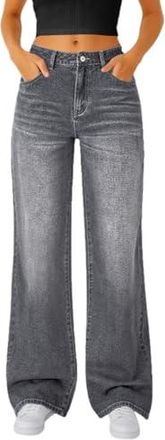 Onsoyours Jeans Baggy Femme Taille Haute Coupe Droite Straight Jambes Larges Pantalon Elastique Classique en Denim Jean Coupe A Gris S