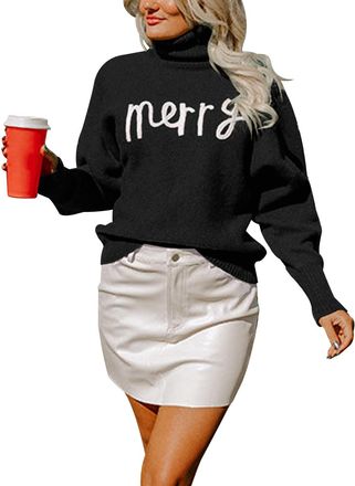 KOJOOIN Strickpullover Damen Winter Casual Langarm Elegant Rollkragenpullover Stricken Pulli Sweatshirt Weihnachtspullover Merry Christmas Schwarz XXL