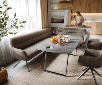 DELIFE Esszimmerbank Taya-Flex 285x190 cm Mikrofaser Taupe Vintage Kreuzgestell kantig Graphit Taschenfederkern Links, Eckb&auml;nke