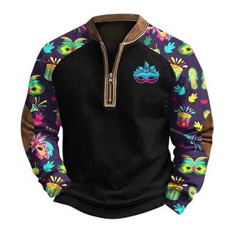 Generic Mardi Gras Sweat-shirt à manches longues et fermeture éclair pour homme Motif amusant Carnaval Noël Fête Costumes, D, M